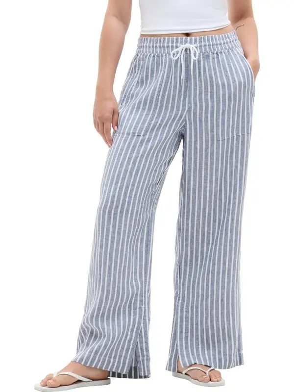 Athleta Retreat Linen High Rise Wide Leg Pants - Shadow Blue Stripe