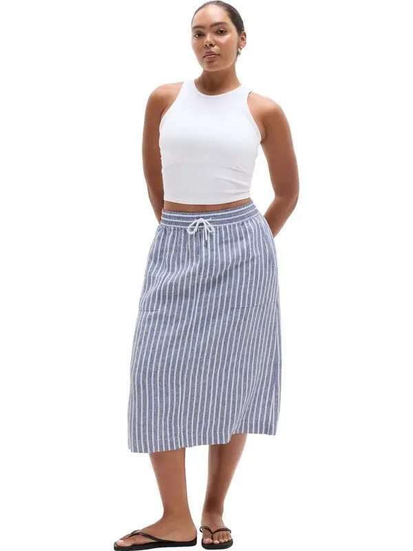 Athleta Retreat Linen Midi Skirt With Drawstring Waist - Shadow Blue Stripe