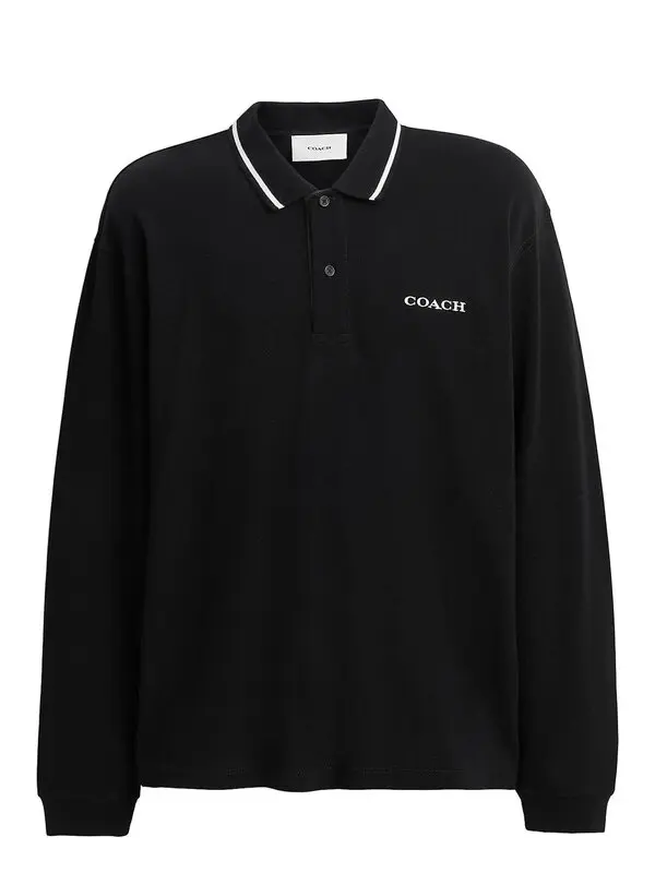 COACH OUTLET Signature Trim Long Sleeve Polo In Regenerative Cotton - Black