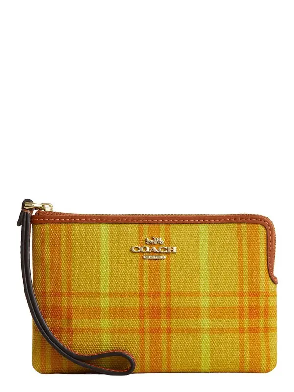 COACH OUTLET Corner Zip Wristlet In Regenerative Cotton With Plaid Print - Gold/burnished Amber