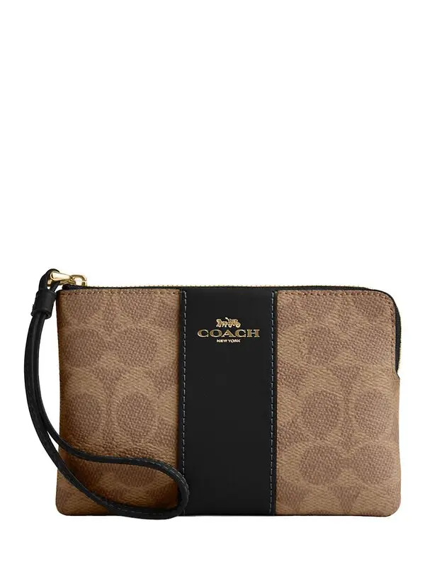 COACH OUTLET Corner Zip Wristlet In Signature Canvas With Stripe - Gold/tan/black