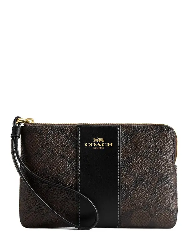 COACH OUTLET Corner Zip Wristlet In Signature Canvas With Stripe - Gold/walnut/black