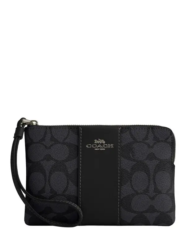 COACH OUTLET Corner Zip Wristlet In Signature Canvas With Stripe - Gunmetal/charcoal/black