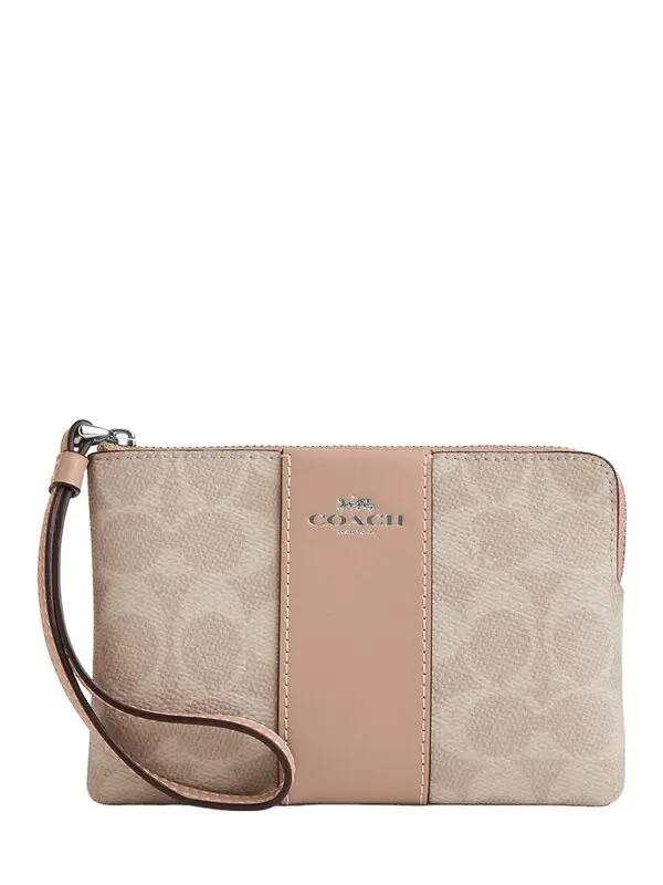 COACH OUTLET Corner Zip Wristlet In Signature Canvas With Stripe - Silver/sand/taupe