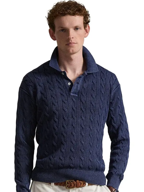 Ralph Lauren Relaxed Cable Knit Polo Sweater - Dark Cobalt
