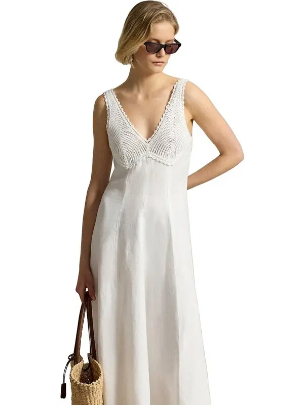 Ralph Lauren Crochet Trim Linen Dress - White