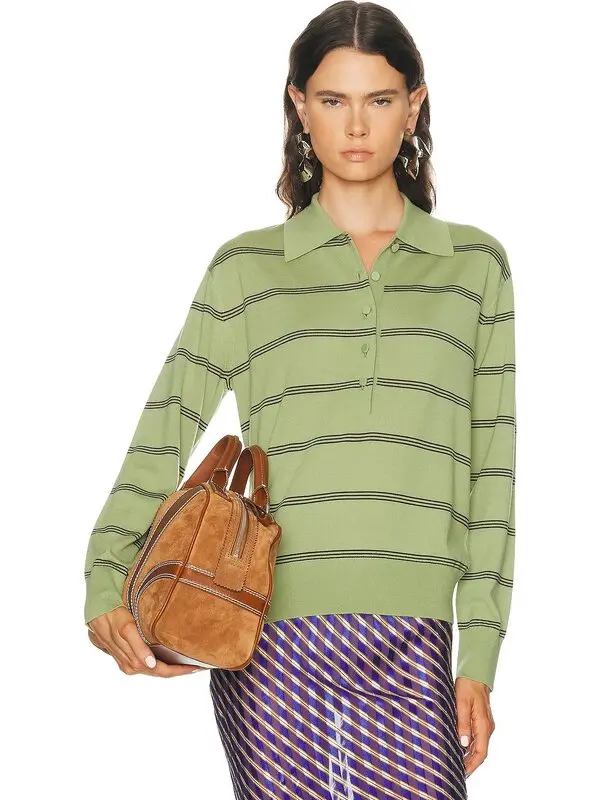 Dries Van Noten Striped Merino Wool Polo Top - Olive