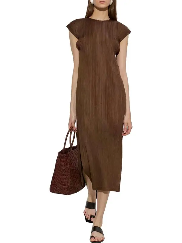 Issey Miyake Solid Pleated Midi Dress - Brown