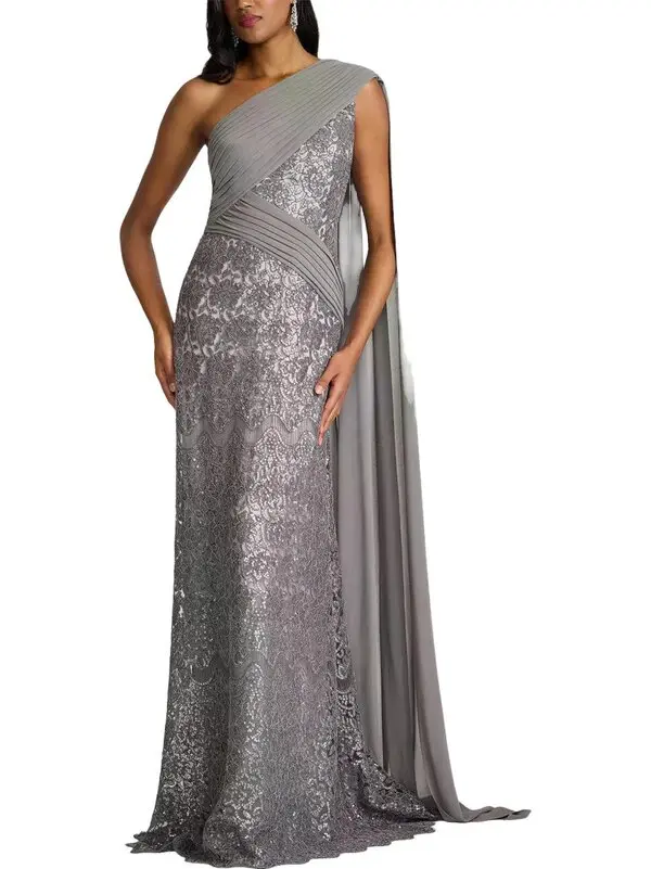 Tadashi Shoji Eamon Sequin-embellished One-shoulder Gown - Grey