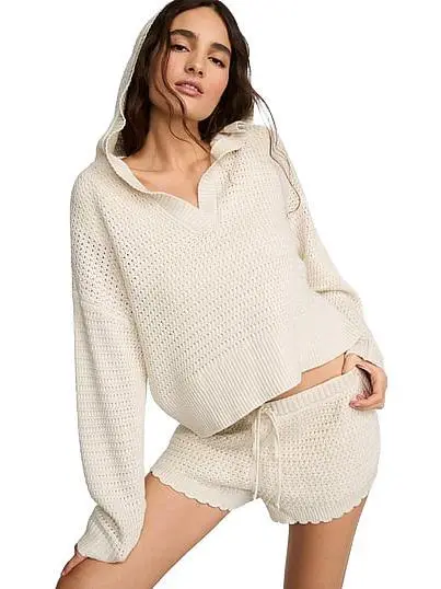 Pink Crochet V-neck Hoodie - Beige
