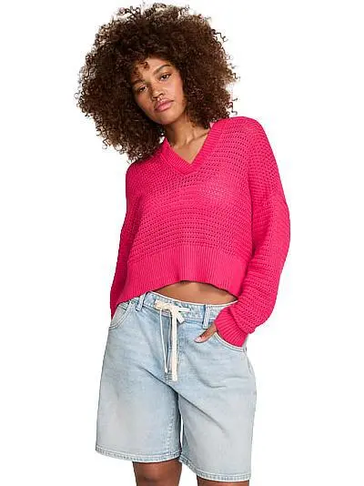 Pink Crochet V-neck Hoodie - Pink