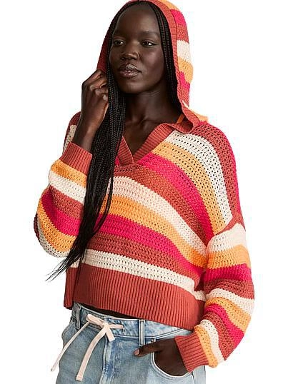Pink Crochet V-neck Hoodie - Print