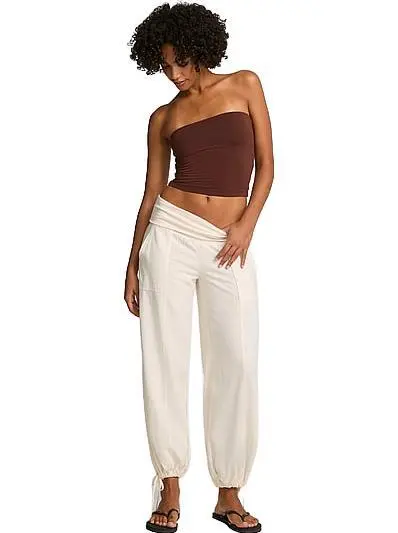 Pink Foldover Linen Blend Jogger Pants - Beige