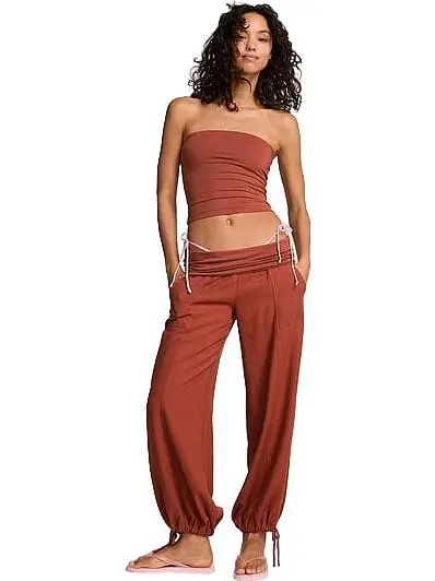 Pink Foldover Linen Blend Jogger Pants - Brown