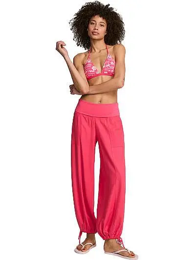Pink Foldover Linen Blend Jogger Pants - Pink