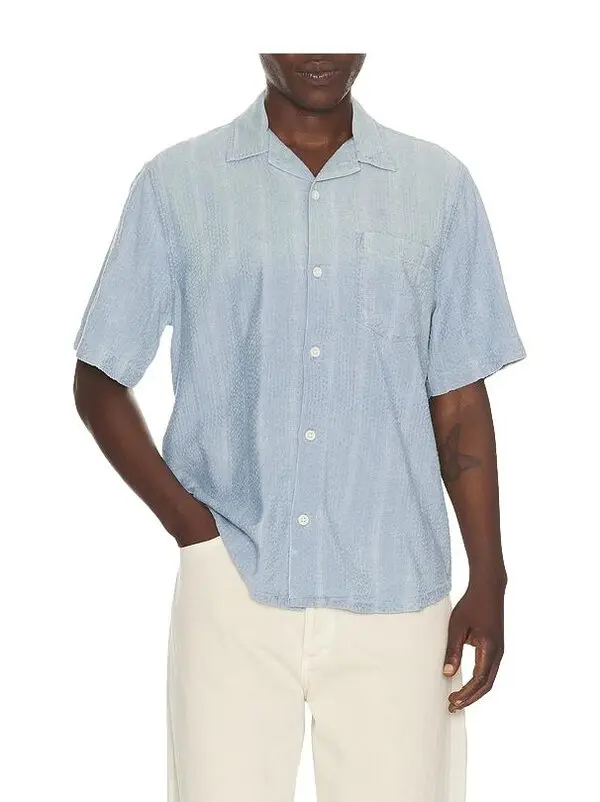 CORRIDOR Striped Seersucker Short Sleeve Shirt In . Also - Blue