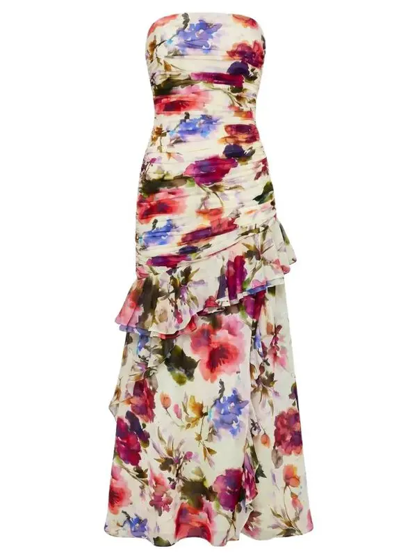 NICHOLAS Viola Ruched Ruffled Maxi Dress - White