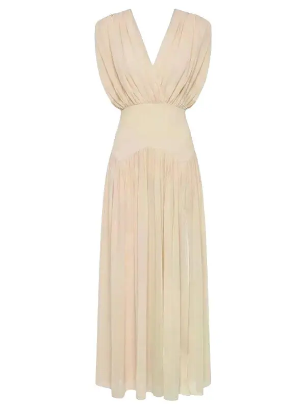 NICHOLAS Giana Plunging-neck Pleated Maxi Dress - Neutrals