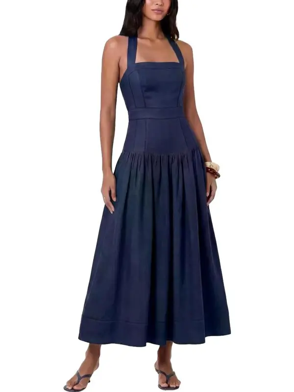 NICHOLAS Vivianne Halter-neck Gathered Midi Dress - Blue