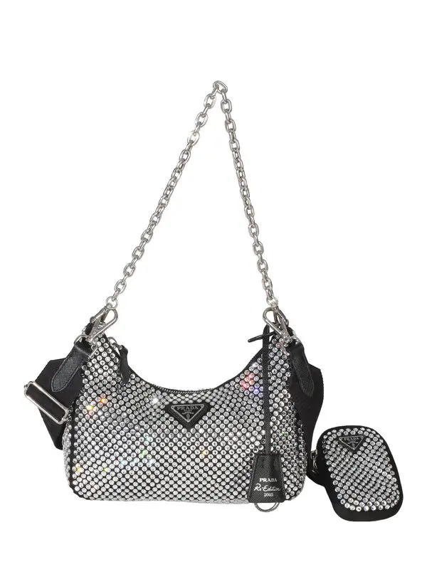 Prada Satin Crystal Re-edition 2005 Hobo Bag - Black