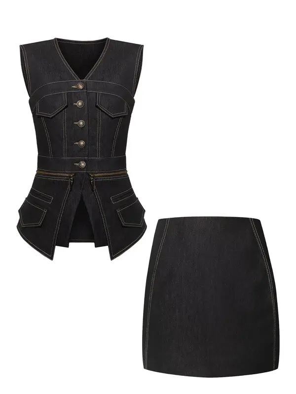 TIA DORRAINE Sleeveless Denim Top Vest And Mini Skirt Set - Black