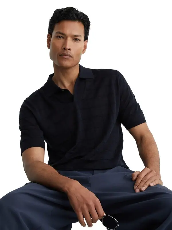 REISS Check-texture Short-sleeve Wool Polo Jumper - Navy