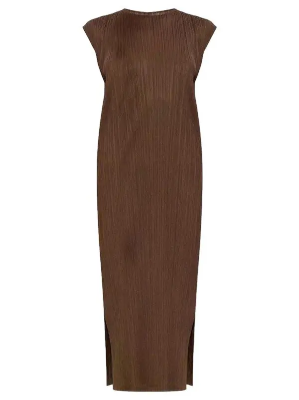Issey Miyake Solid Pleated Midi Dress - Brown