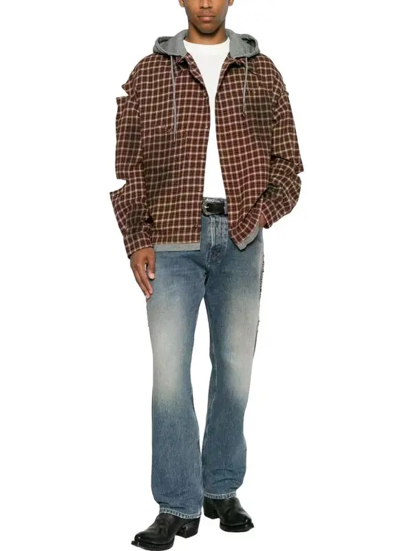 MADFRENZY Check-pattern Hooded Shirt - Brown