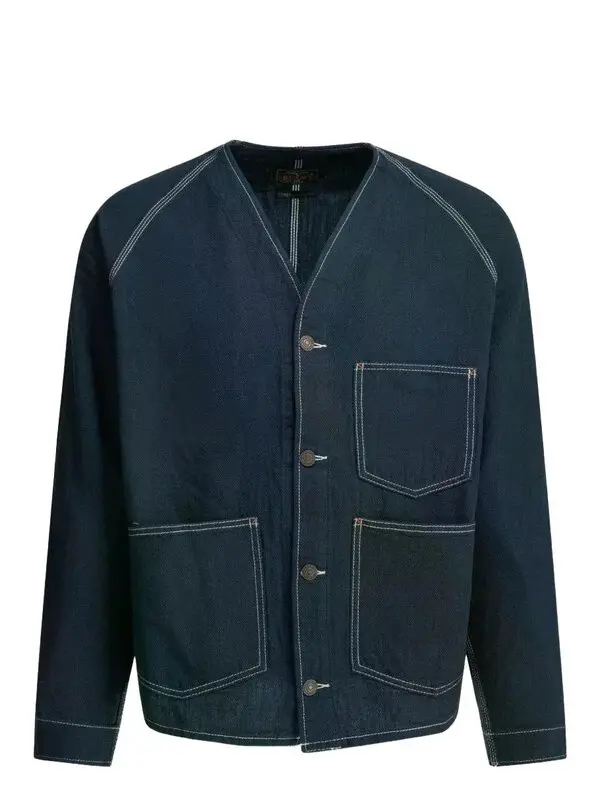 BEAMS Contrast-stitch Collarless Jacket - Blue