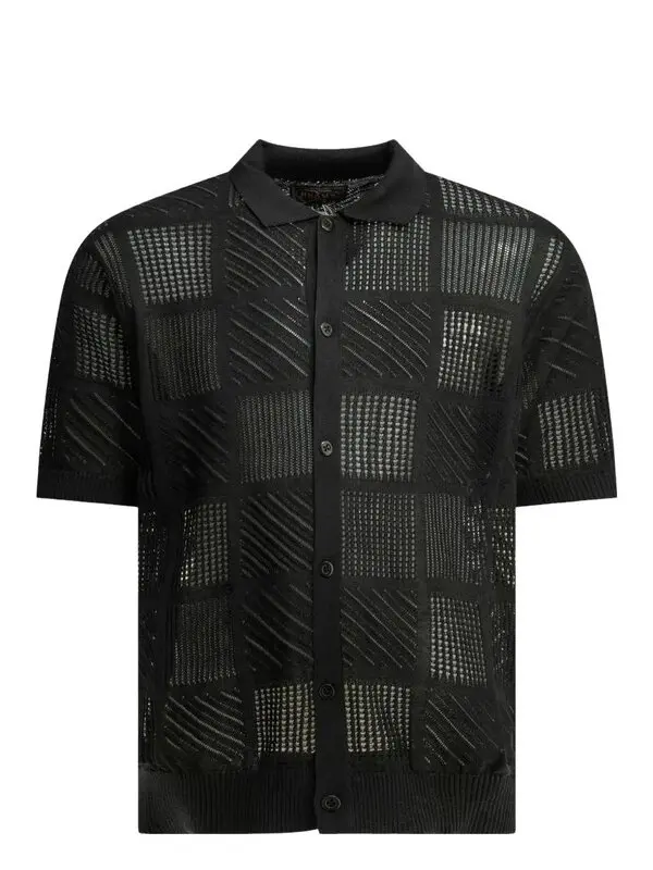 BEAMS Patchwork Open-knit Polo Shirt - Black