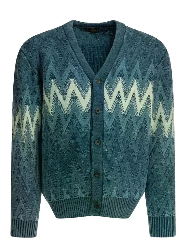 BEAMS Chevron Knit Cotton Cardigan - Blue