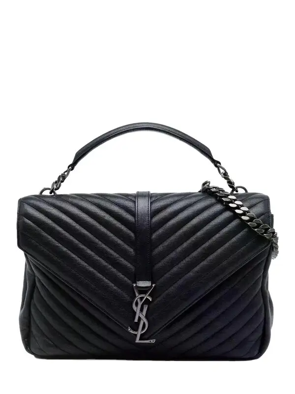Saint Laurent Large Sheepskin Chevron Monogram College Bag Satchel - Black