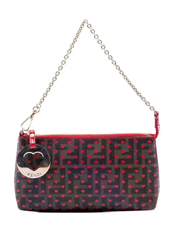 Fendi Zucca Spalmati Hearts Chain Pochette Shoulder Bag - Brown