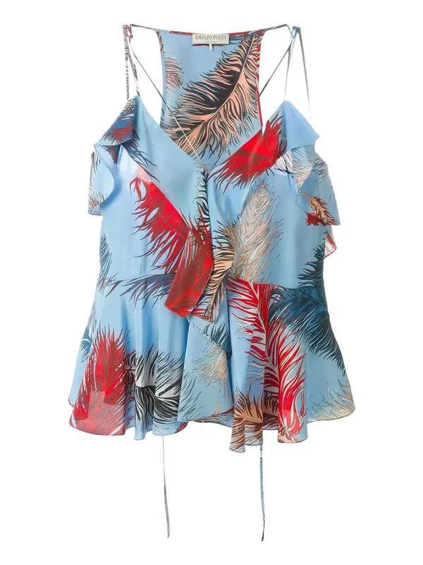 Emilio Pucci Feather Print Silk Top - Blue