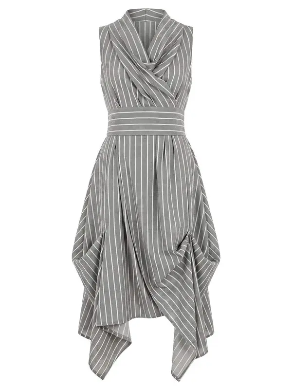 ATOM LABEL Wrap Ruched Dress With Stripe Pattern - Grey