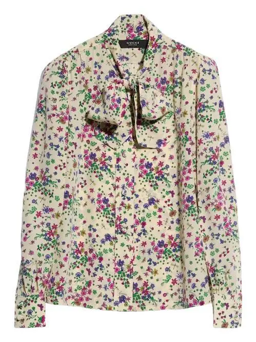 Gucci Printed Silk Shirt With Bow Detail - White