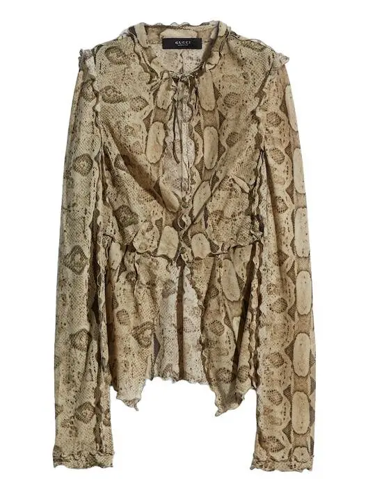 Gucci Allover Python Print Silk Shirt With Frill Trim - Grey