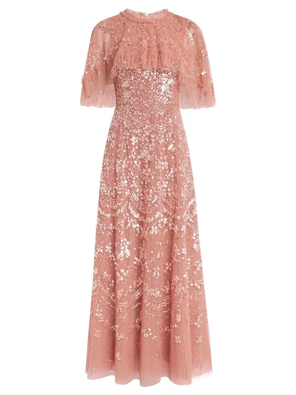 NEEDLE & THREAD Embellished Tulle Cape Gown - Pink