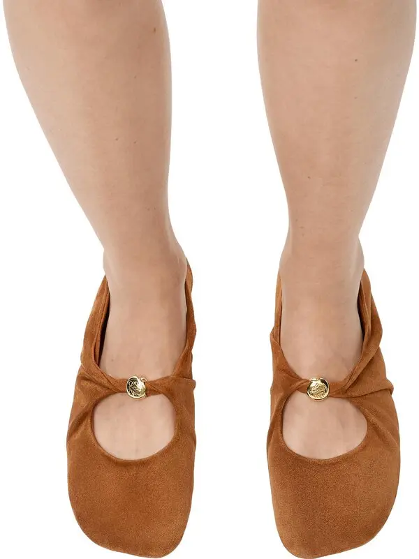 Loewe Suede Goat Skin Ballerina Flat With Metallic Anagram Detail - Tan