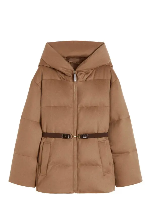 Max Mara Short Water-repellent Down Jacket With Hood And Leather Belt - Camel