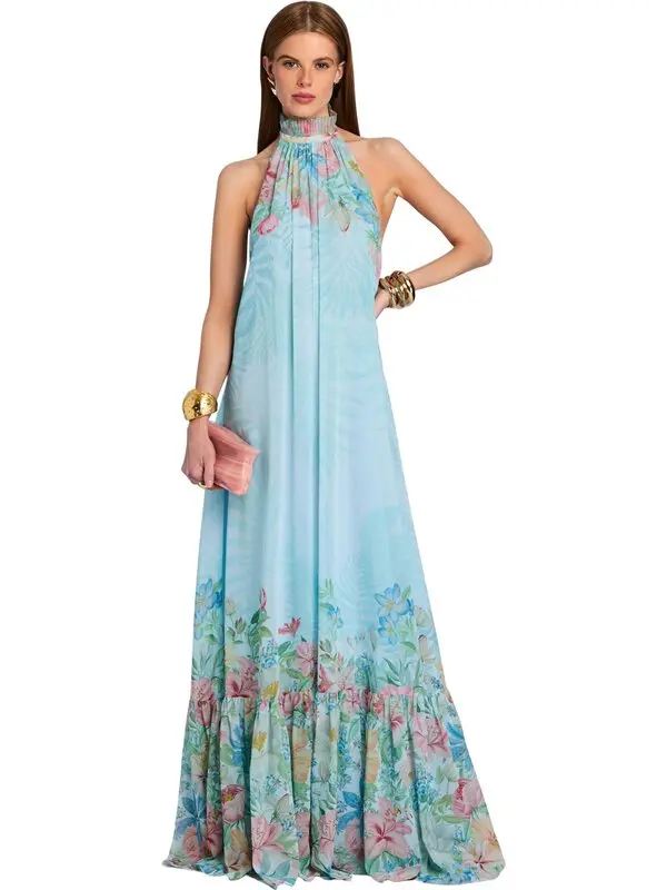 Retrofete Francy Floral Print Mock Neck Halter Gown - Bleu Fleur Tropicale