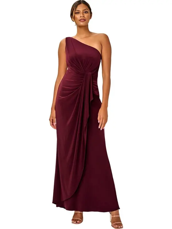 Adrianna Papell One Shoulder Draped Waist Gown - Red Wine