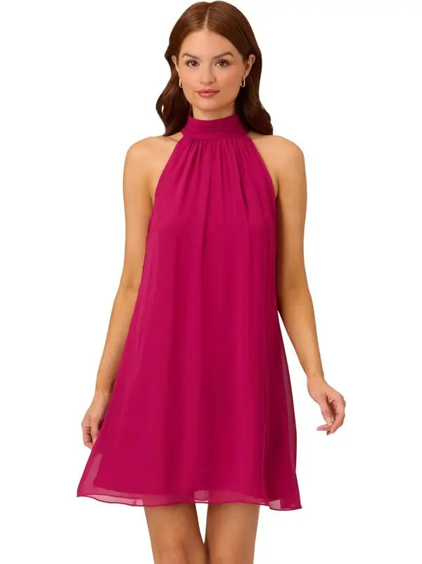 Adrianna Papell Sleeveless Pleated Chiffon Mock Neck Dress - Magenta
