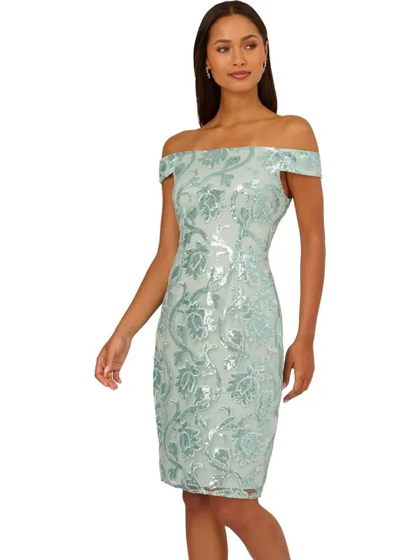 Adrianna Papell Off-the-shoulder Sequin Sheath Dress - Aqua Dust