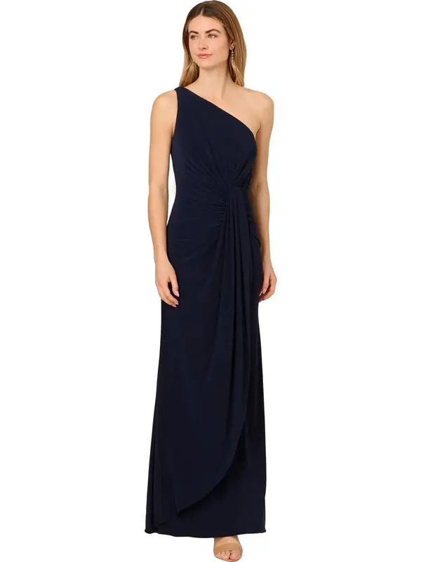 Adrianna Papell One-shoulder Gown With Draped Waist - Midnight