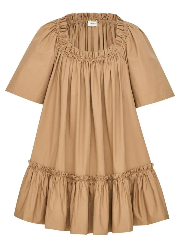 Saint Laurent Short Ruffled Cotton Dress - Chatain