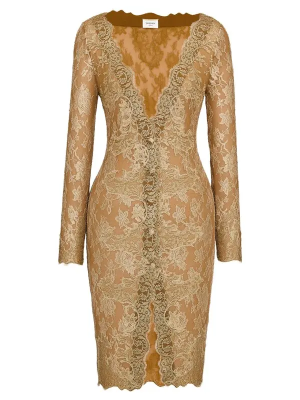 Saint Laurent Cassandre Buttoned Lace Midi Dress - Or Antique