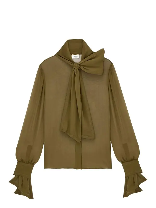 Saint Laurent Silk Crepe Muslin Lavallière Blouse - Vert Bronze
