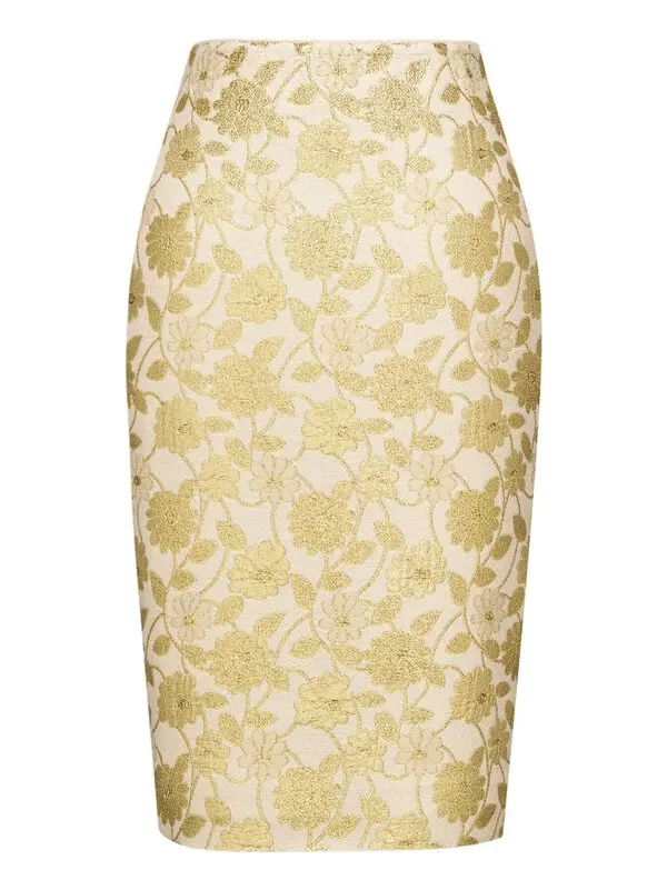 Saint Laurent Metallic Floral Brocade Midi Skirt - Ivoire Or