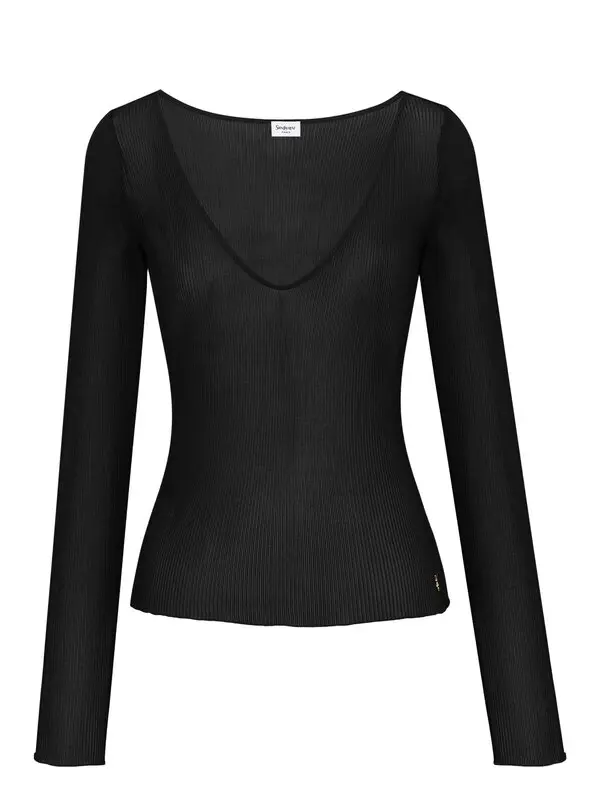 Saint Laurent Cassandre V-neck Ribbed Silk Long-sleeve Top - Noir